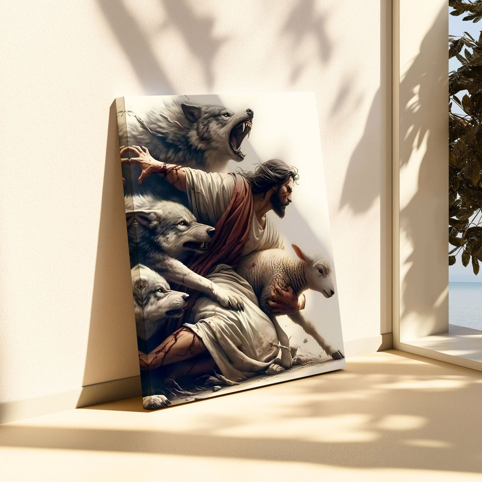 Jesus Protecting Lamb from Wolves - Canvas – Jesus Canvas