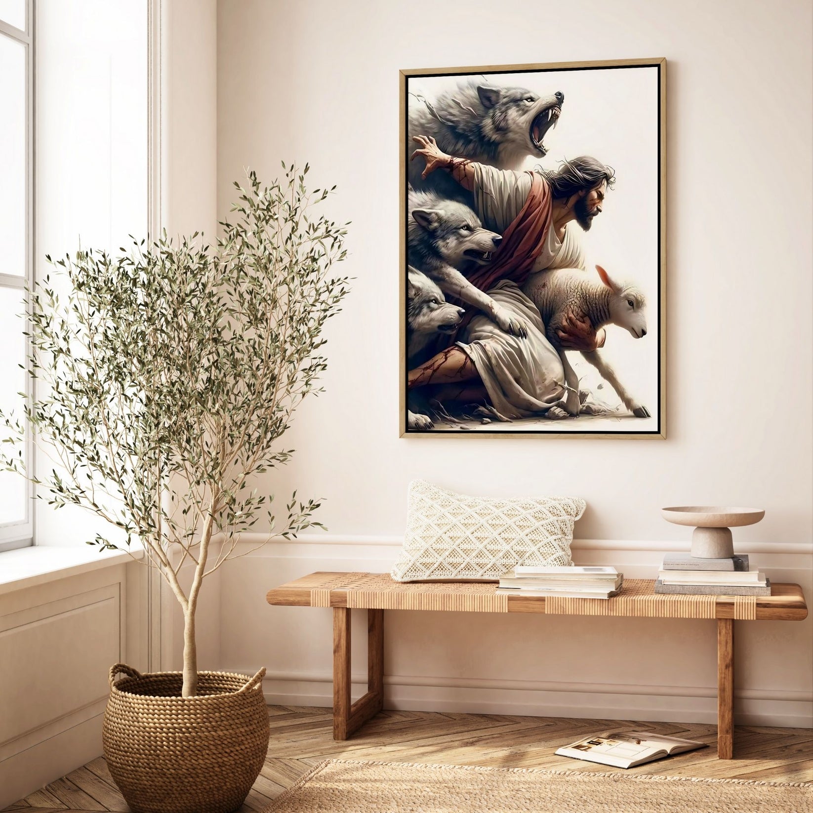 Jesus Protecting Lamb from Wolves - Canvas – Jesus Canvas